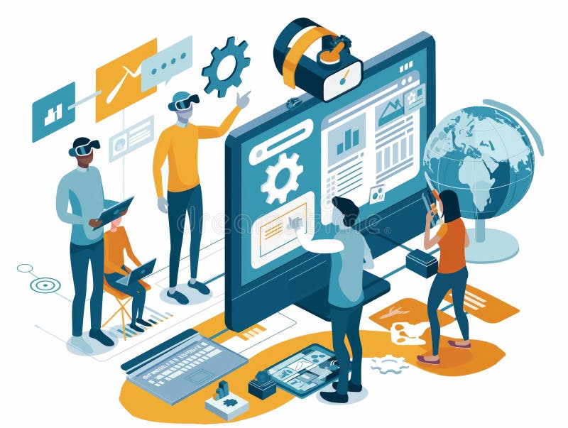 Team Collaborating in Virtual Reality Environment Stock Illustration - Illustration of ...