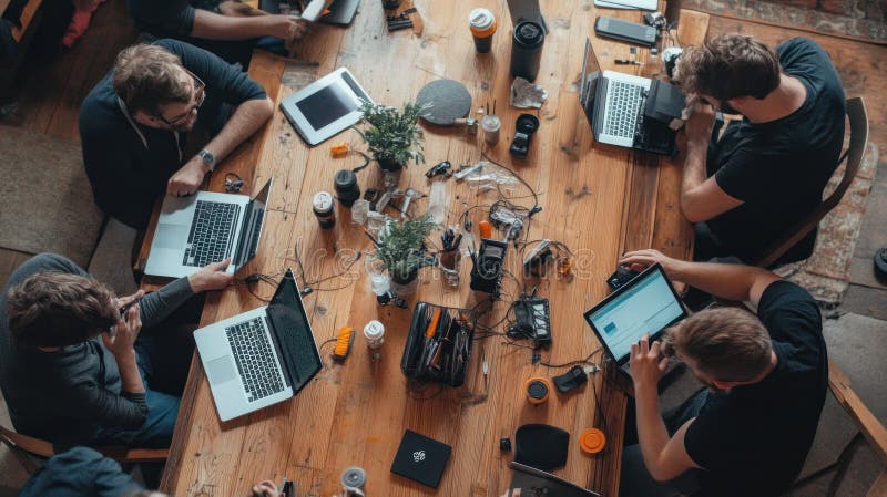 Team Collaboration Around a Large Wooden Table Using Laptops and ...