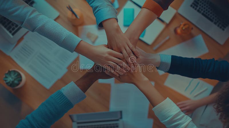 Team Collaboration Around a Wooden Table with Laptops and Documents ...
