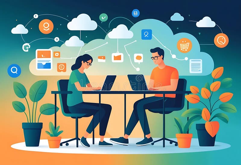 Team Collaboration Cloud Computing Data Sharing Illustration Stock Illustration - Illustration ...