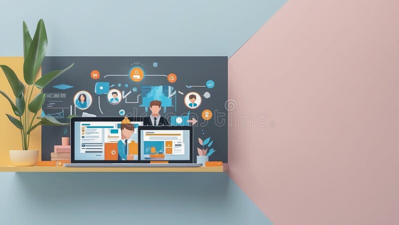 Team Collaboration Concept on Modern Desktop Setup Stock Illustration ...