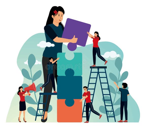 Team Collaboration Creating a Giant Colorful Puzzle. Stock Vector ...