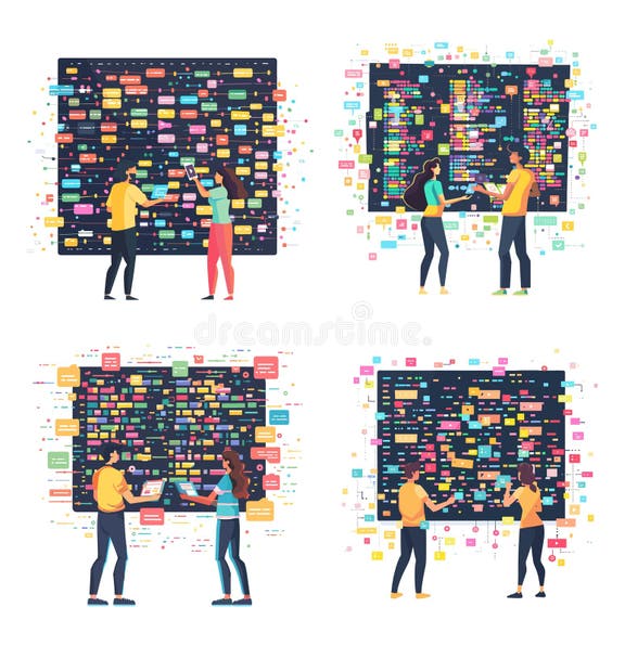 Team Collaboration Data Cartoon Vector Concepts. Man Woman Code Graphs ...