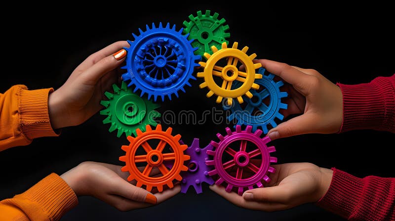 Team Collaboration and Innovation Concept with Colorful Gears. Hands ...