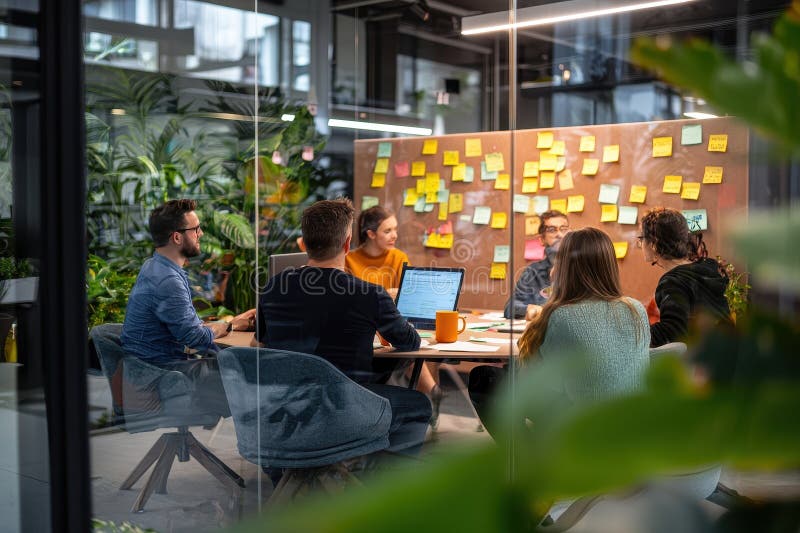 Team Collaboration in Modern Office with Bright Sticky Notes and Plants ...