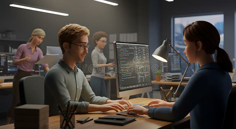 Team Collaboration in Modern Office with Programmers and Computers Stock Illustration ...