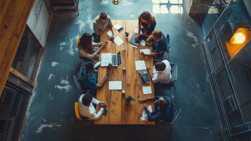 Team Collaboration in a Modern Office Setting during a Brainstorming Session Around a Large ...