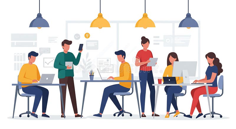 Team Collaboration in a Modern Workspace Setting Stock Illustration ...