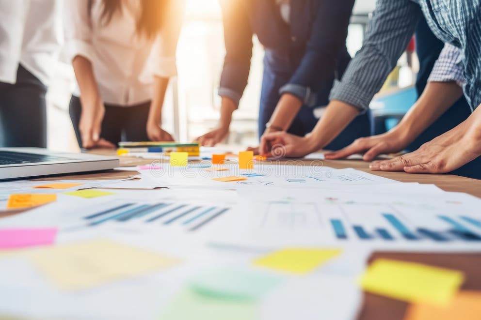 Team Collaboration in Office Setting with Charts, Notes, and Laptop on ...