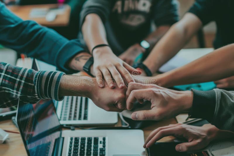 Team Collaboration and Partnership with Hands Stacked Over Laptops ...