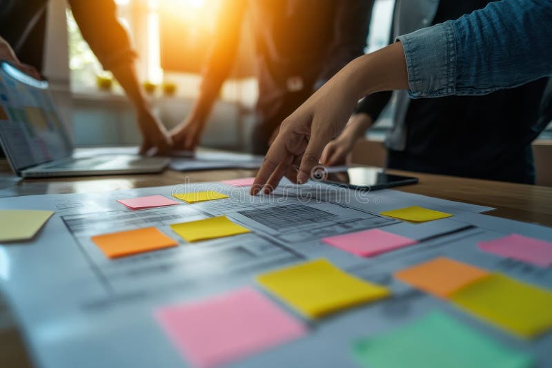 Team Collaboration on Project Planning with Sticky Notes and Documents ...