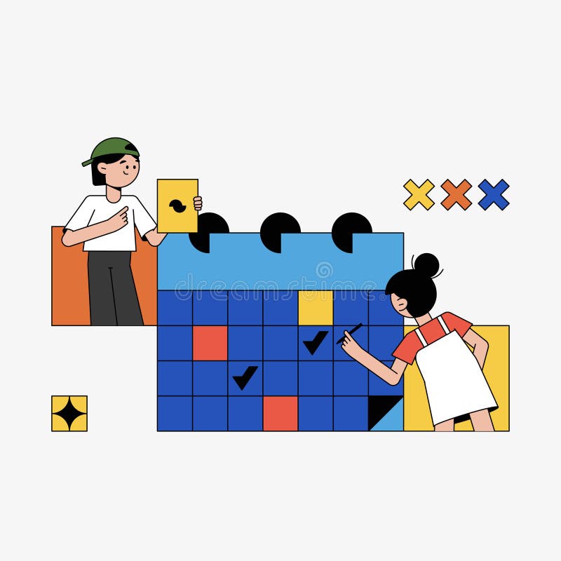 Team Collaboration with Two Characters Planning a Schedule in Flat ...