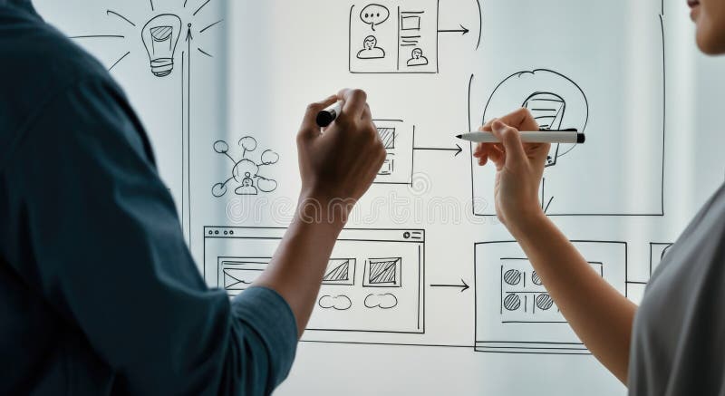 Team Collaboration on Whiteboard with Drawings and Diagrams by Two ...