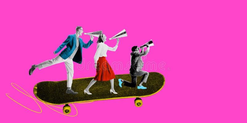 Team, Colleagues Balancing on Skateboard while Shouting through ...