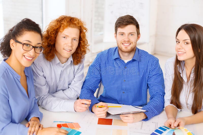 Team with Color Samples and Blueprint at Office Stock Image - Image of ...