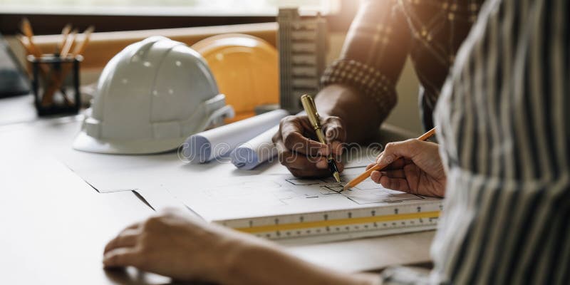 Team Construction Engineers Working at Construction Site with Blueprint ...