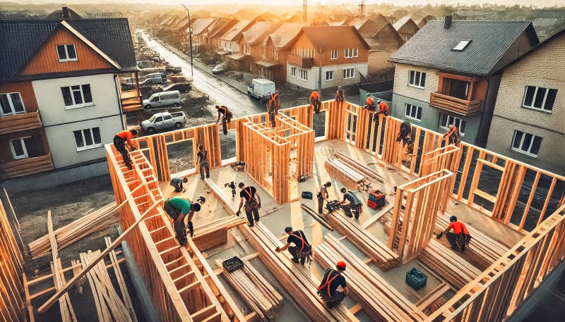 Team Construction Workers Assembling Wooden House Frame Stock Photos ...