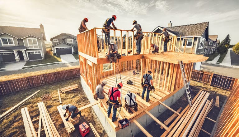 Team of Construction Workers Assembling a Wooden House Frame Stock ...
