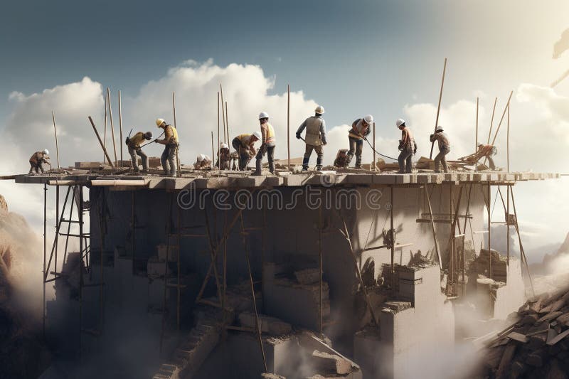 Team of Construction Workers Building a Stock Illustration ...