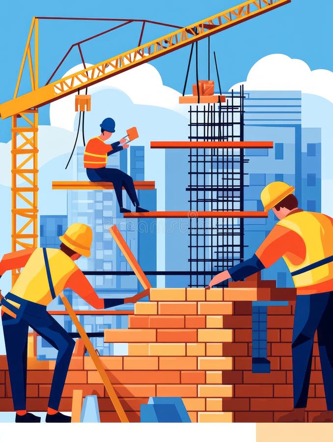 Team of Construction Workers Building a Brick Structure with Cranes and ...