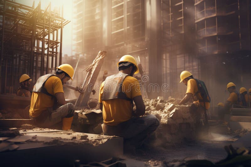 Team of Construction Workers Collaborating on a Stock Illustration ...
