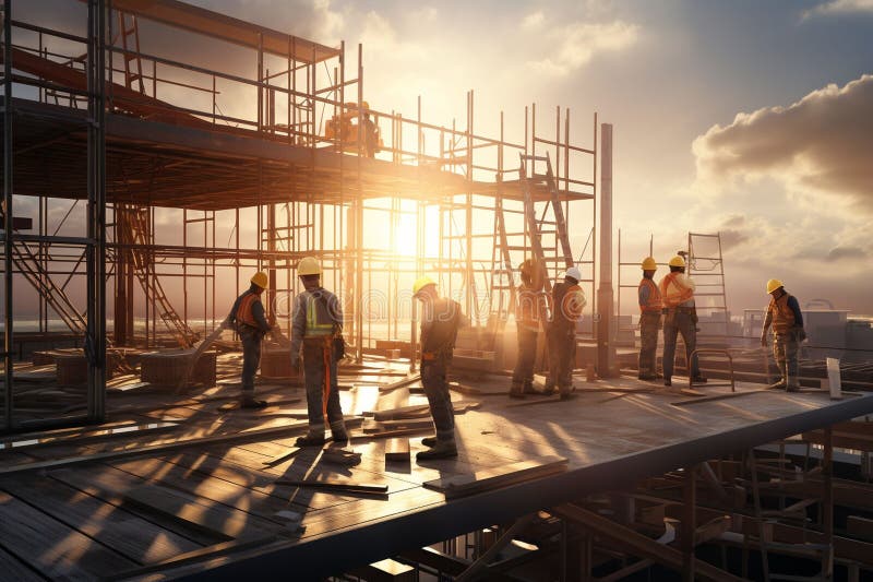 Team of Construction Workers Collaborating on a Stock Illustration ...
