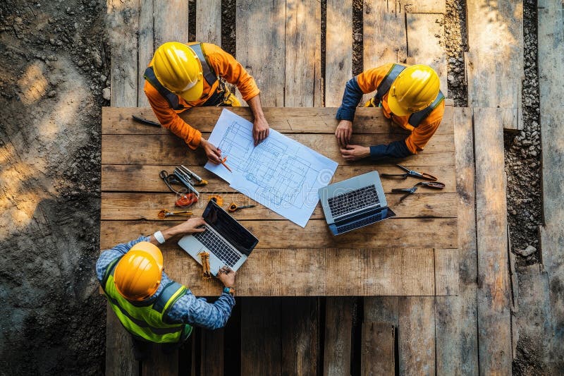 A Team of Construction Workers is Diligently Working on a Wooden Table ...