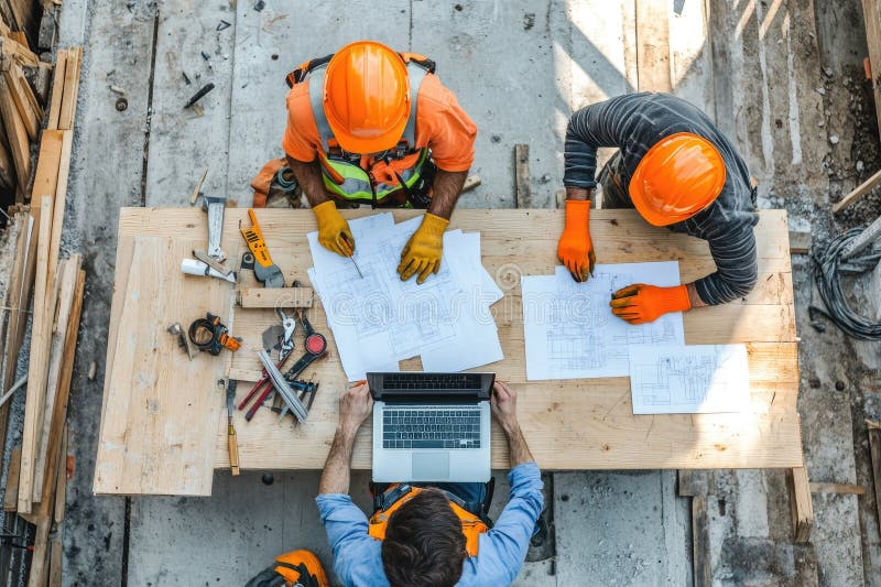 A Team of Construction Workers is Diligently Working on a Wooden Table ...