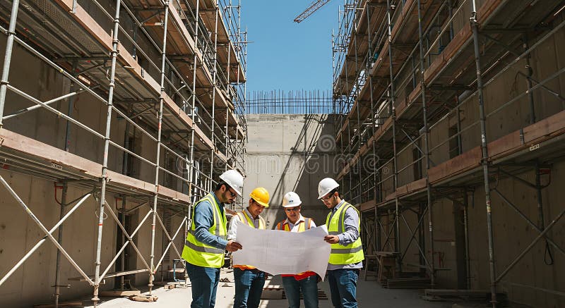 Construction Workers Reviewing Blueprint Plans at Building Site with ...