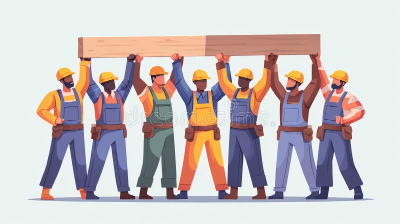 Team of Construction Workers Lifting Beam Together, Unity and Strength ...