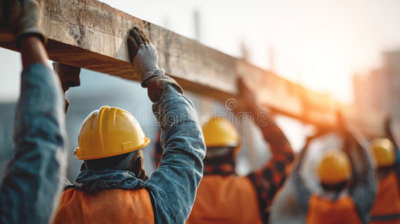 Team of Construction Workers Lifting Beam Together, Unity and Strength ...