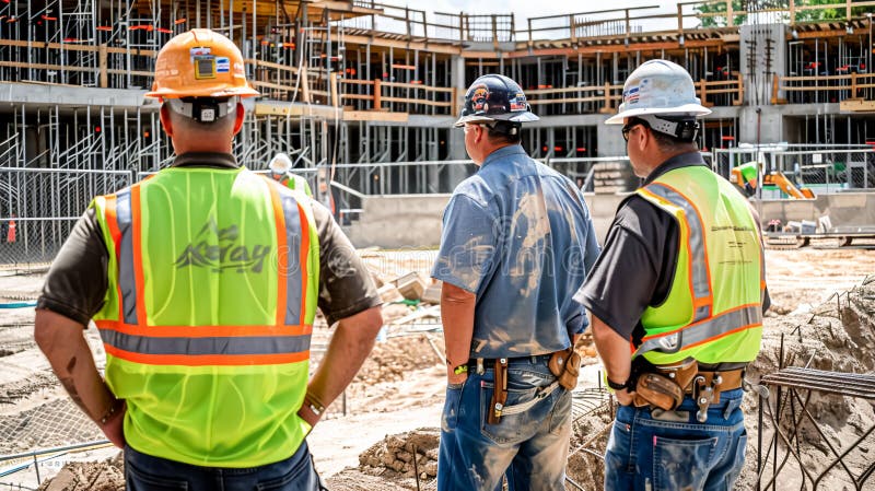 A Team of Construction Workers in Reflective Vests and Helmets Working ...