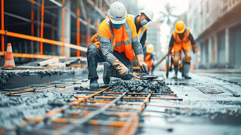 A Team of Construction Workers in Reflective Vests and Helmets Working ...
