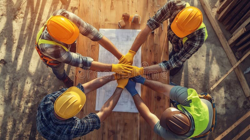 Construction Workers Joining Hands Over Blueprint on Site Stock Image - Image of success ...