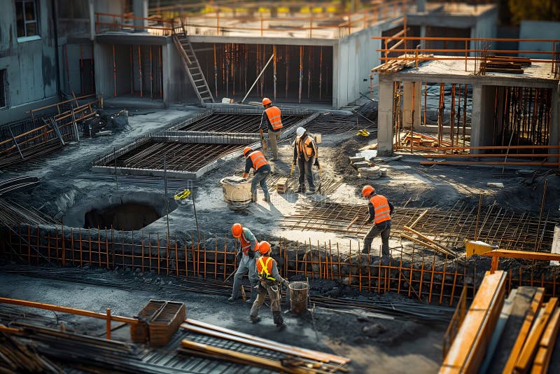 Team of the Construction Workers Works on Foundation of Contemporary ...