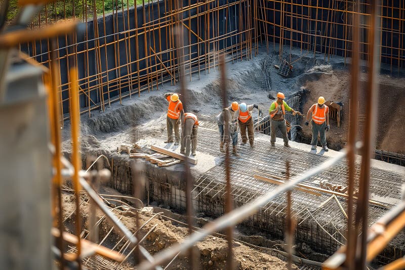 Team of the Construction Workers Works on Foundation of Contemporary ...