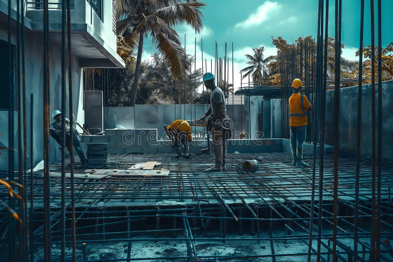 Team of the Construction Workers Works on Foundation of Contemporary ...