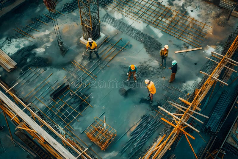 Team of the Construction Workers Works on Foundation of Contemporary ...