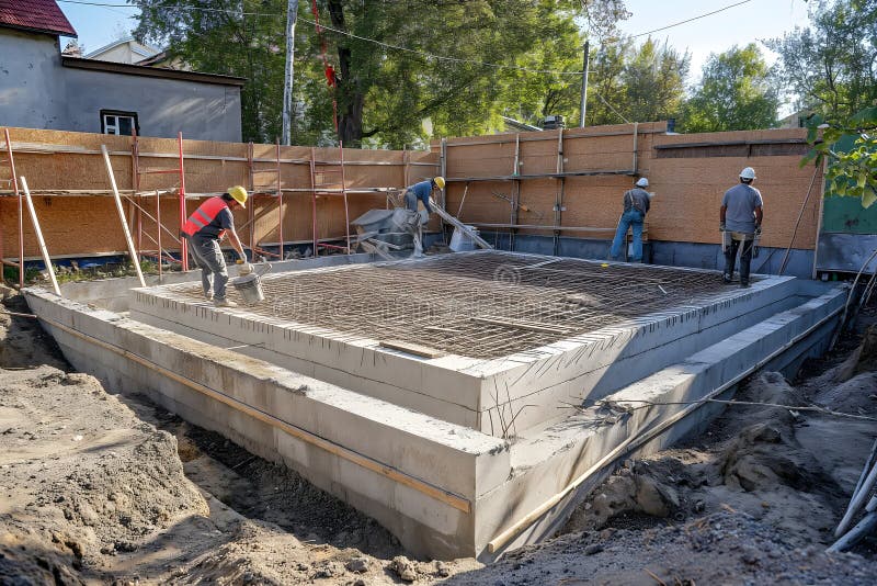 Team of the Construction Workers Works on Foundation of Contemporary ...
