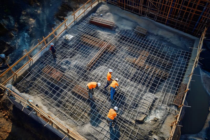 Team of the Construction Workers Works on Foundation of Contemporary ...