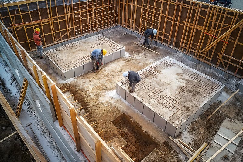 Team of the Construction Workers Works on Foundation of Contemporary ...