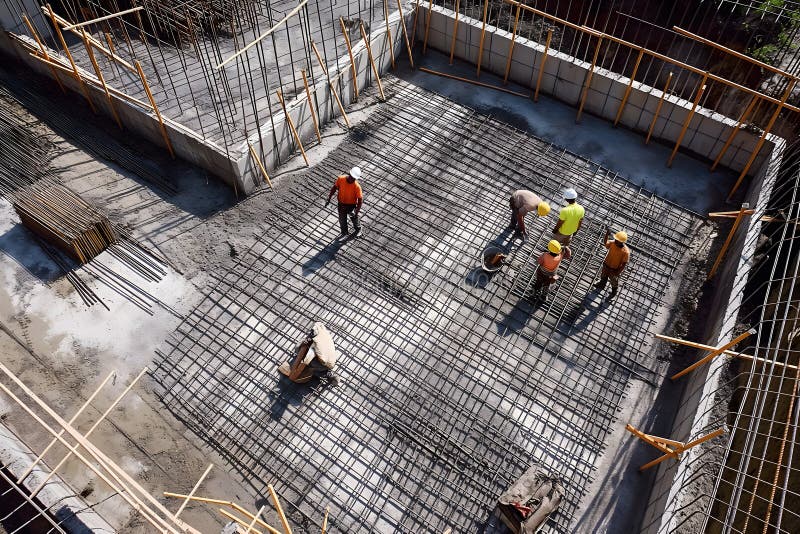 Team of the Construction Workers Works on Foundation of Contemporary ...