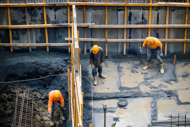Team of the Construction Workers Works on Foundation of Contemporary ...