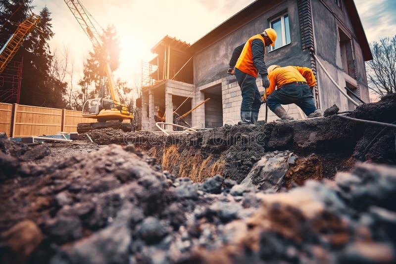 Team of the Construction Workers Works on Foundation of Contemporary ...