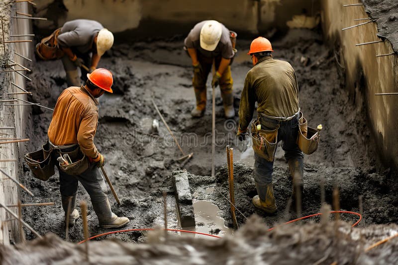 Team of the Construction Workers Works on Foundation of Contemporary ...