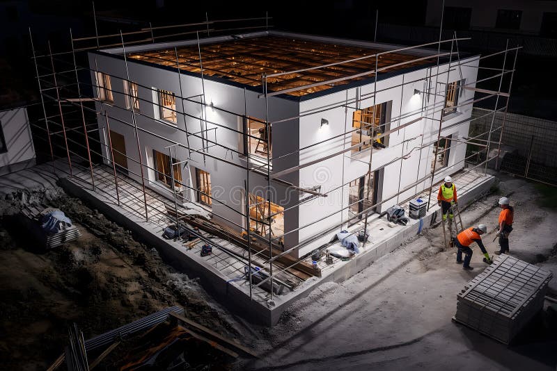 Team of the Construction Workers Works on Foundation of Contemporary ...