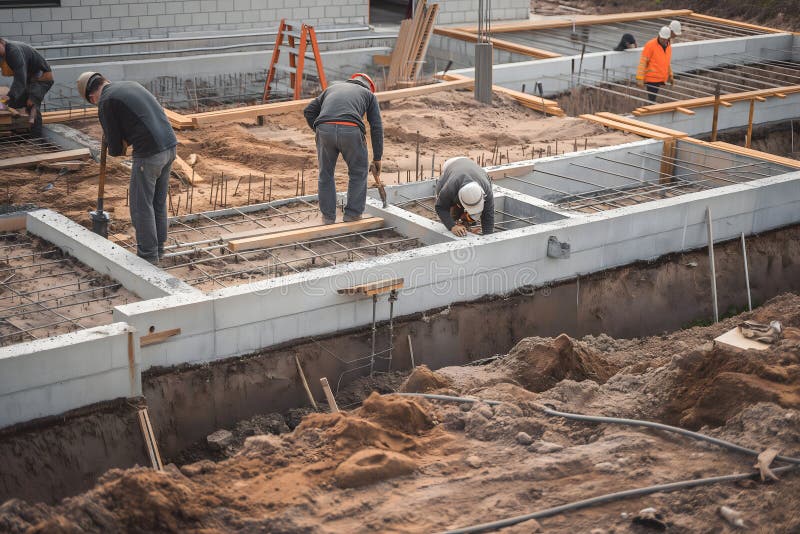 Team of the Construction Workers Works on Foundation of Contemporary ...