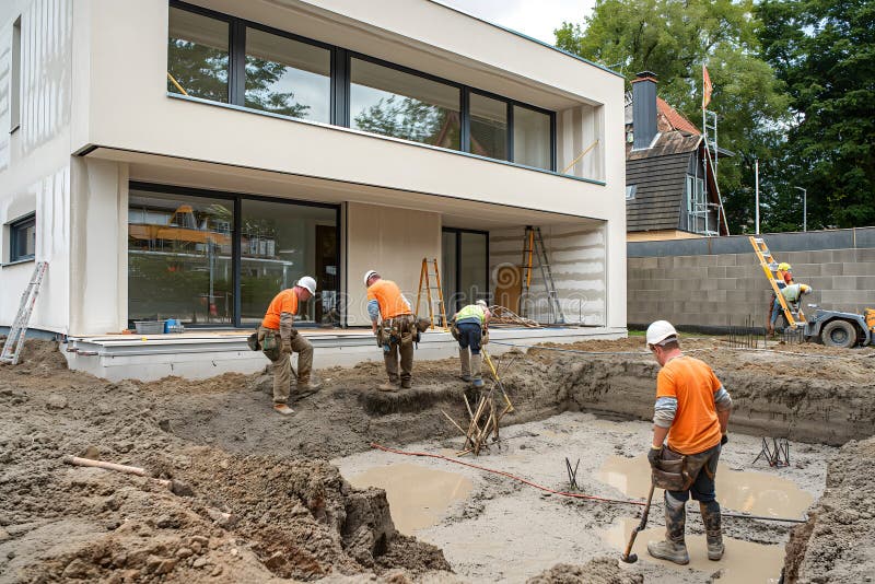 Team of the Construction Workers Works on Foundation of Contemporary ...