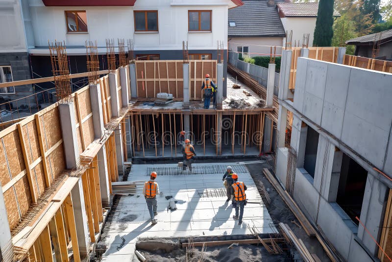 Team of the Construction Workers Works on Foundation of Contemporary ...
