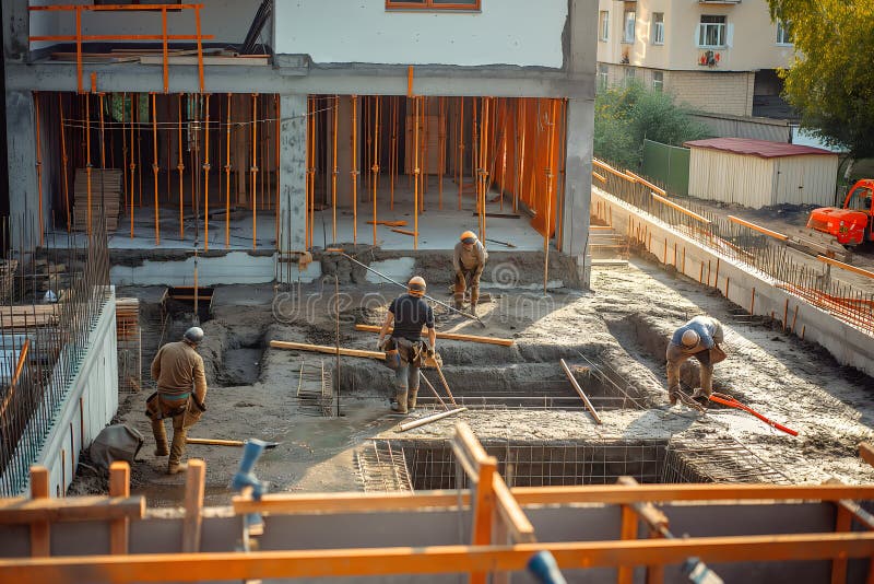 Team of the Construction Workers Works on Foundation of Contemporary ...